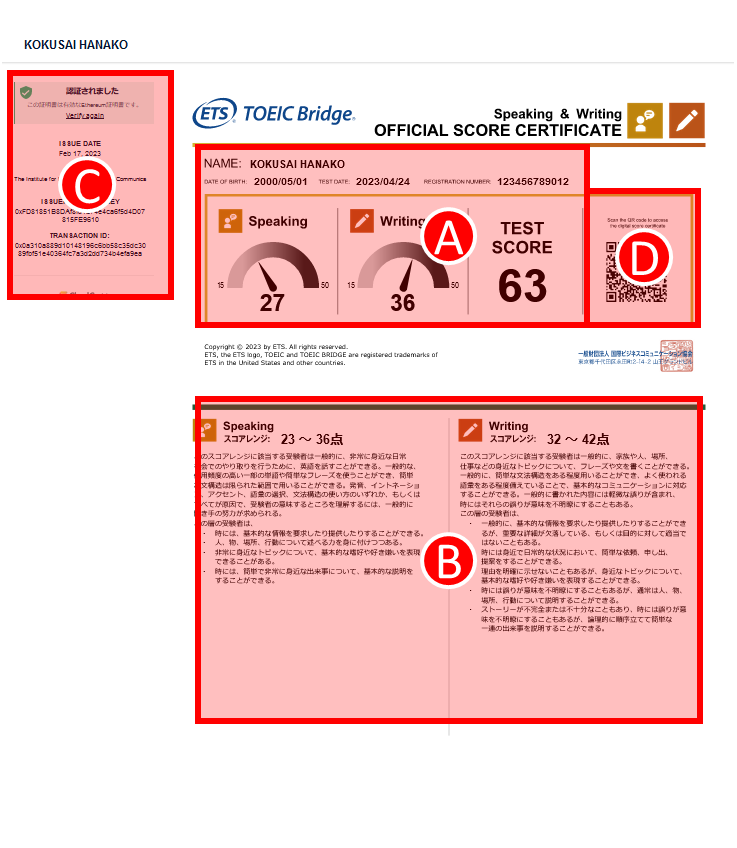 公式認定証・デジタル公式認定証の形式｜TOEIC Bridge Speaking & Writing Tests｜IIBC
